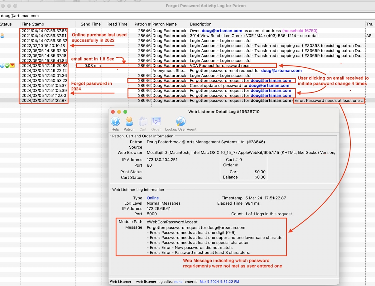 Forgot Password Activity Log | Arts Management Systems